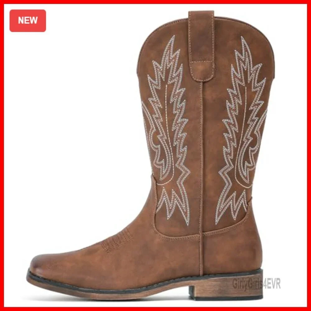 Shoes | Mid Calf Cowboy Boots Square Toe Pull On Embroidered Western ...